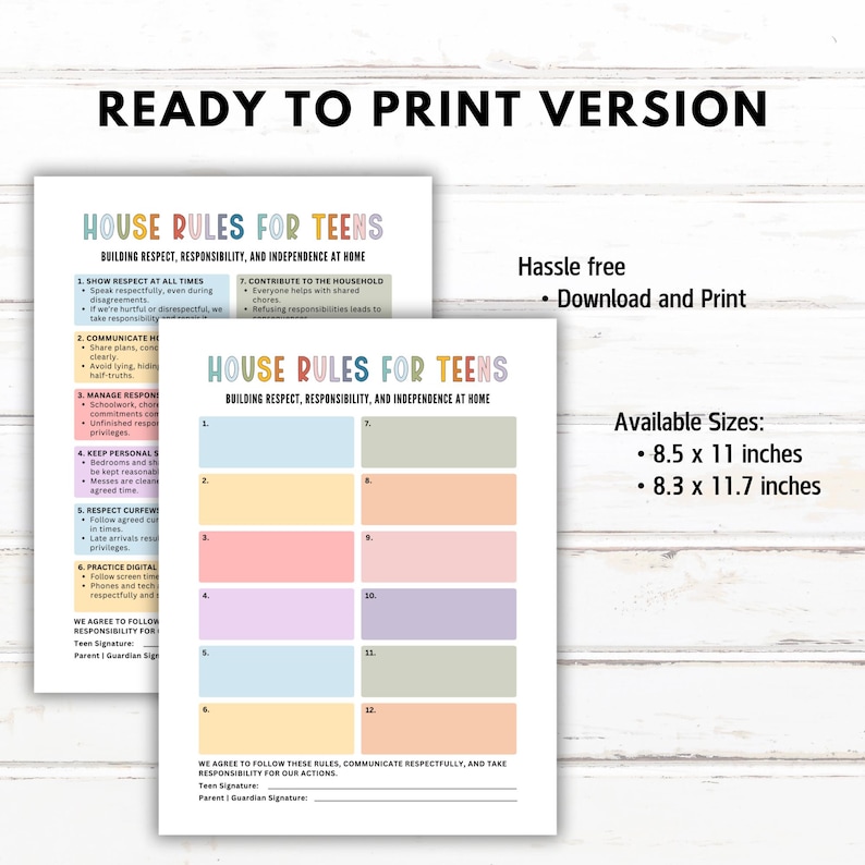 Editable Teen House Rules, Good Behavior Chart, Family Rules and Values ...