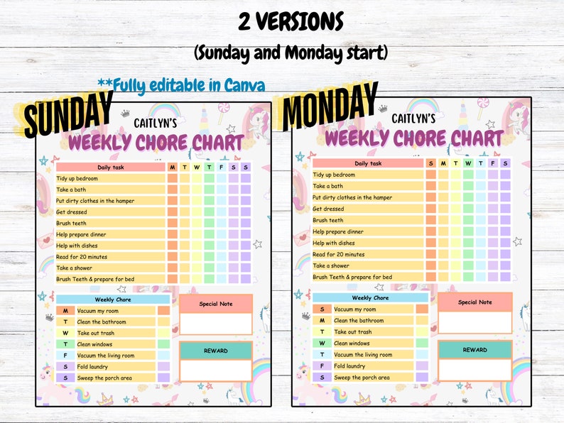 Unicorn Kids Task Chart Kids Chore Chart Printable Editable Chore Chart ...