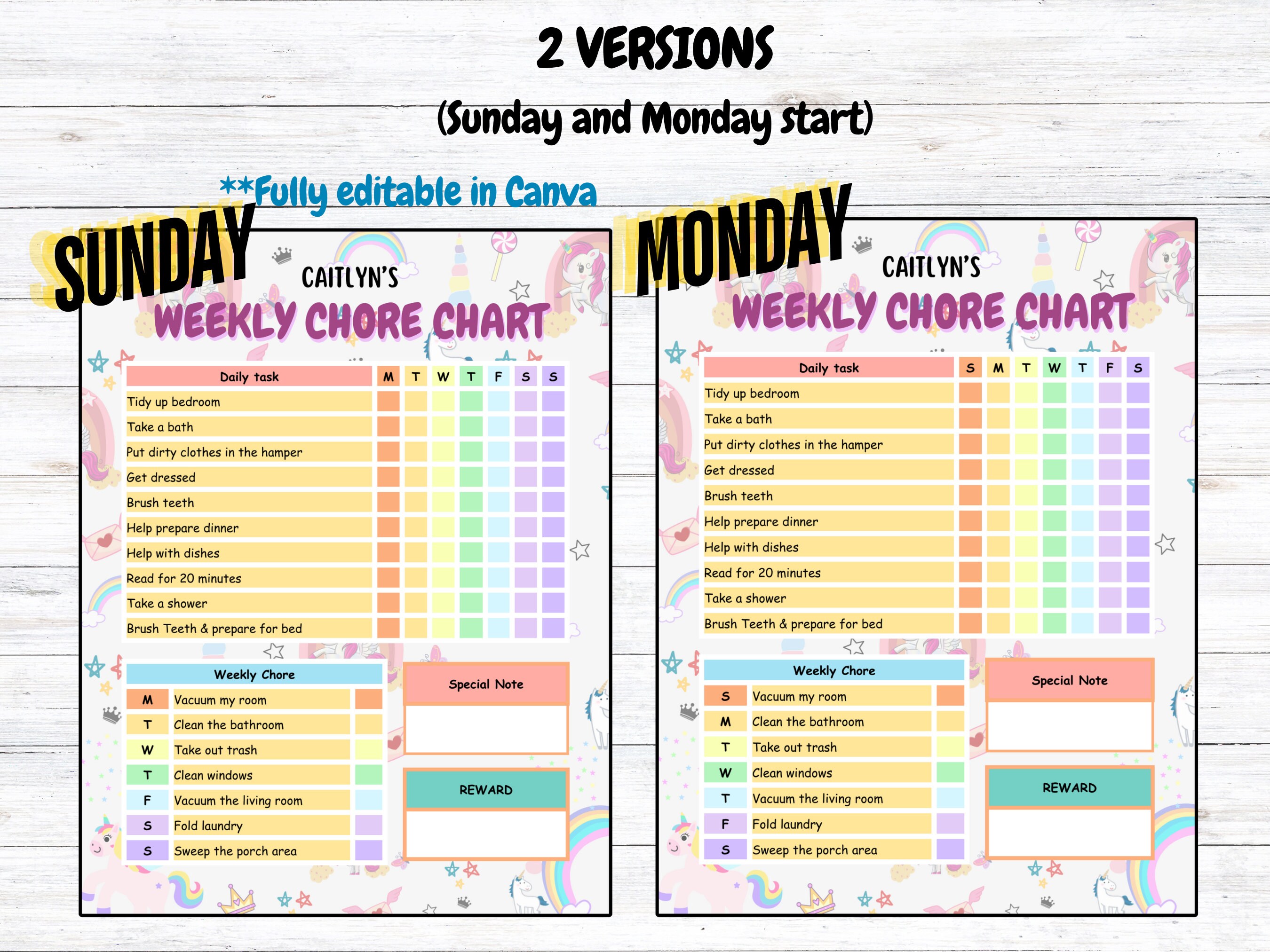 Unicorn Kids Task Chart Kids Chore Chart Printable Editable Chore Chart ...