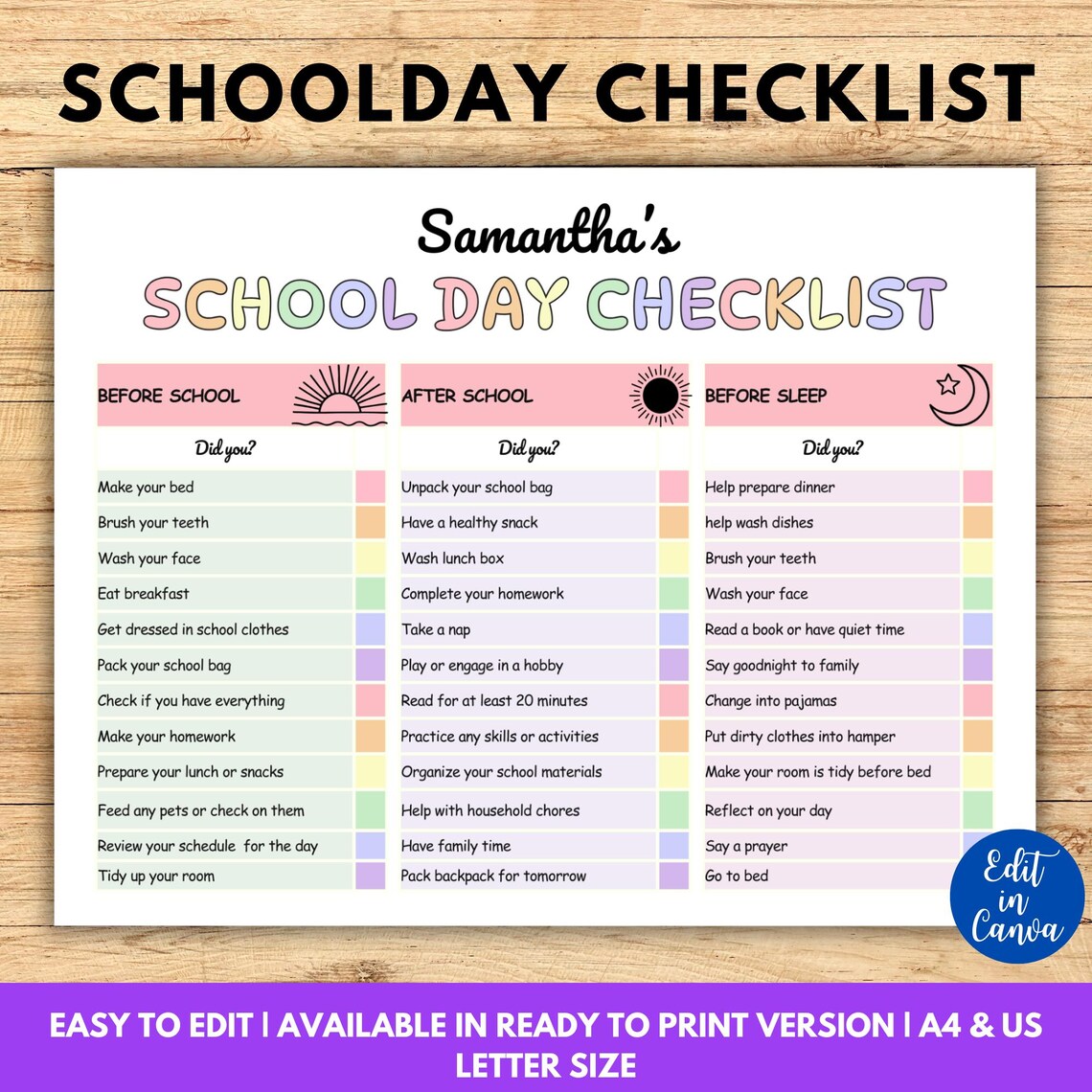 Editable School Day Checklist Chart for Kids, Before School Checklist ...