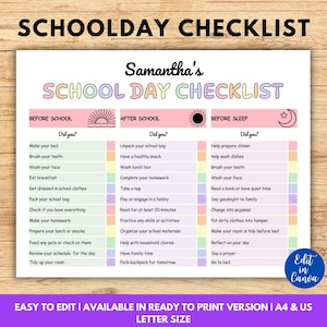 Editable School Day Checklist Chart for Kids, Before School Checklist ...