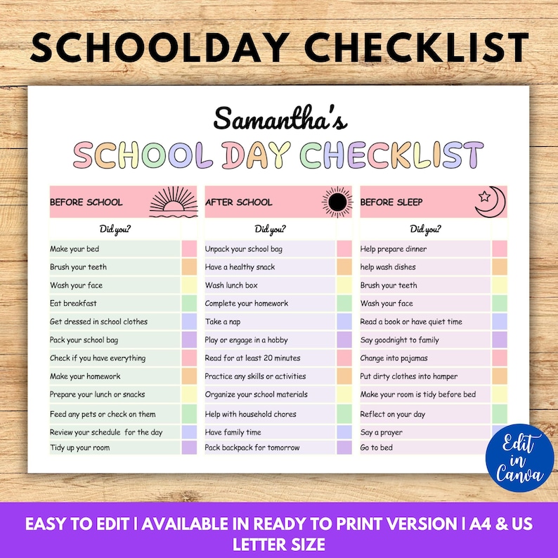 Editable School Day Checklist Chart for Kids, Before School Checklist ...