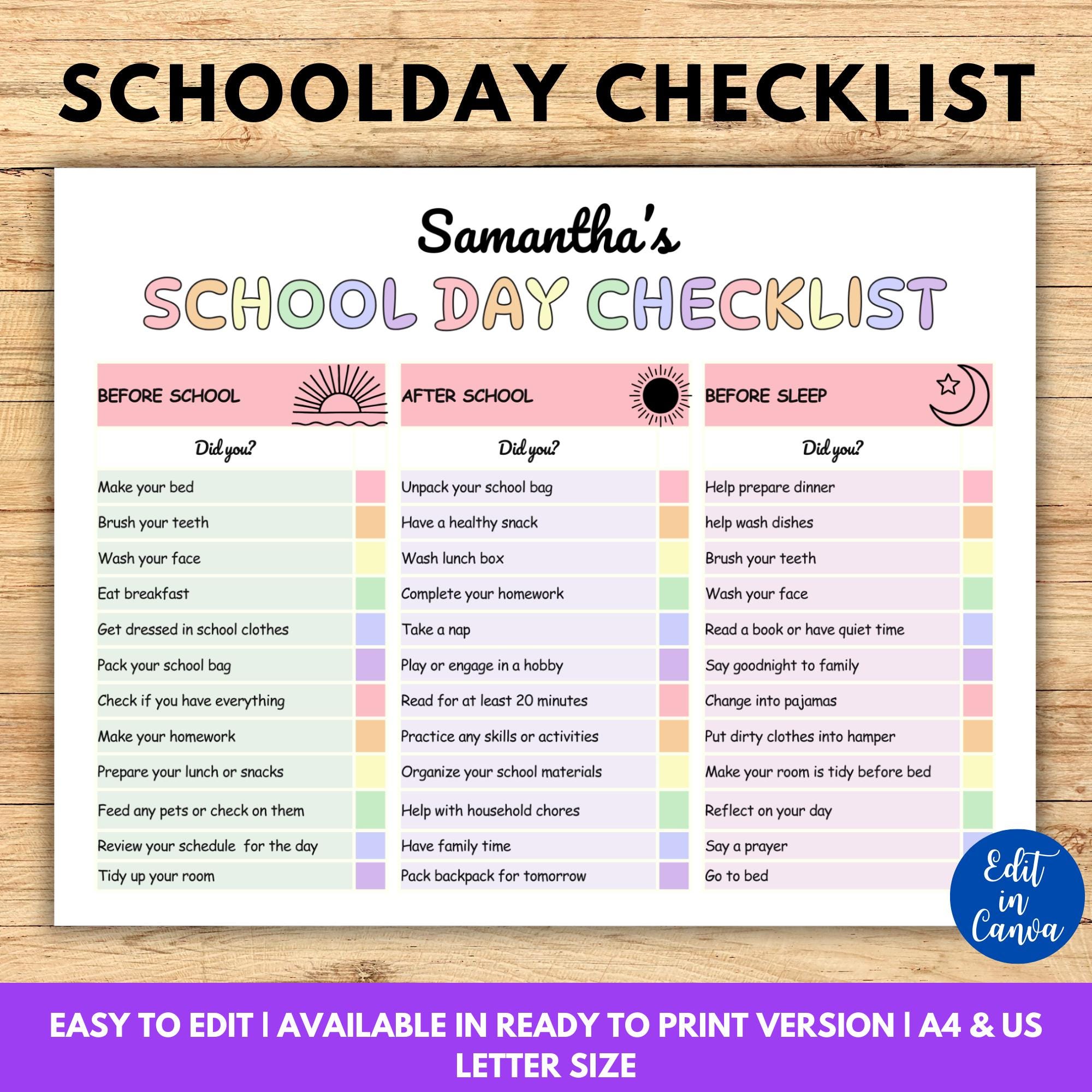 Editable School Day Checklist, Daily Checklist for Kids, School Day ...