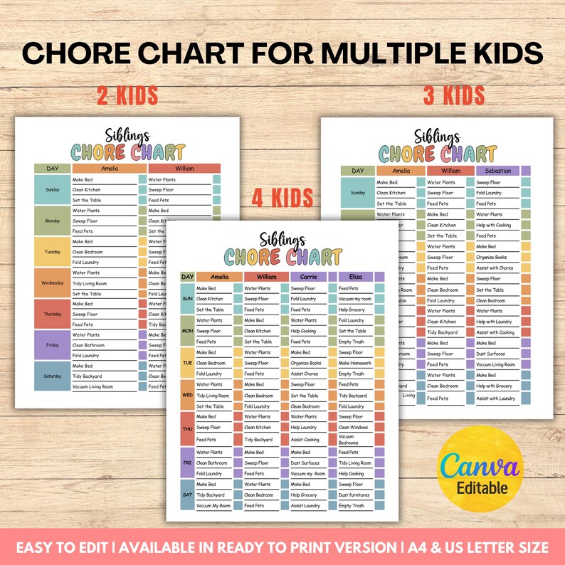 Editable Kids Chore Chart, Multiple Siblings Chart, Siblings ...
