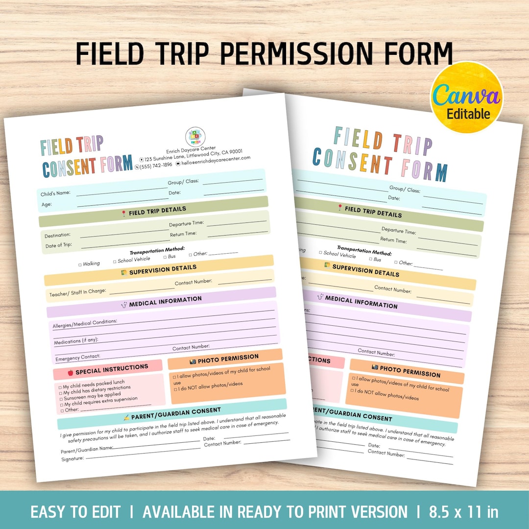 Field Trip Consent Form, Daycare Permission Form, Childcare Form, Field ...