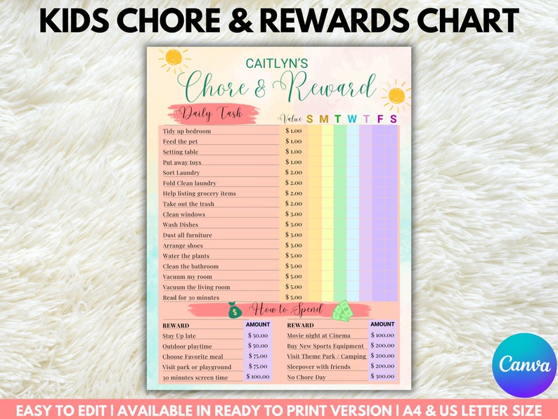 Editable Kids Chore Rewards Chart Kids Task Responsibility Chart, Kids ...
