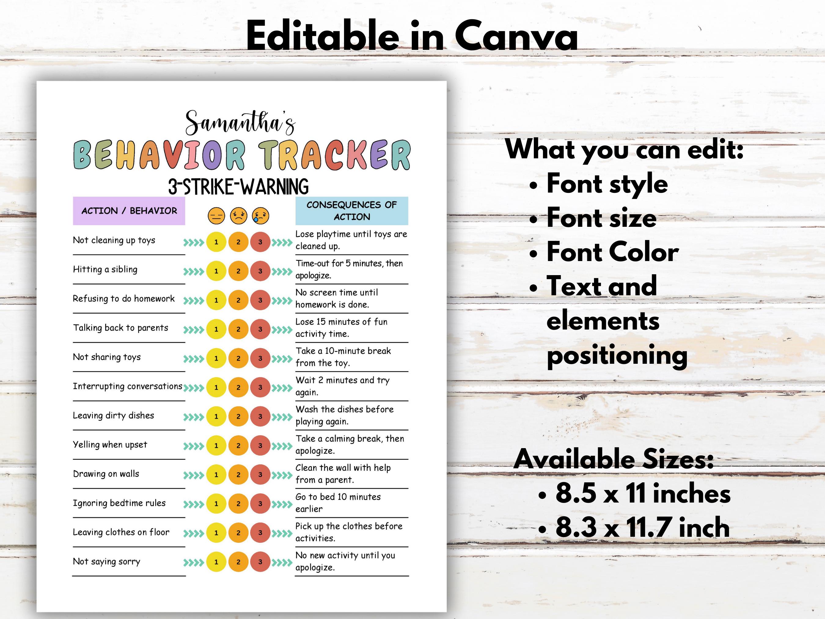 3-strike Behavior Chart: Kids Consequence Tracker (editable Canva ...