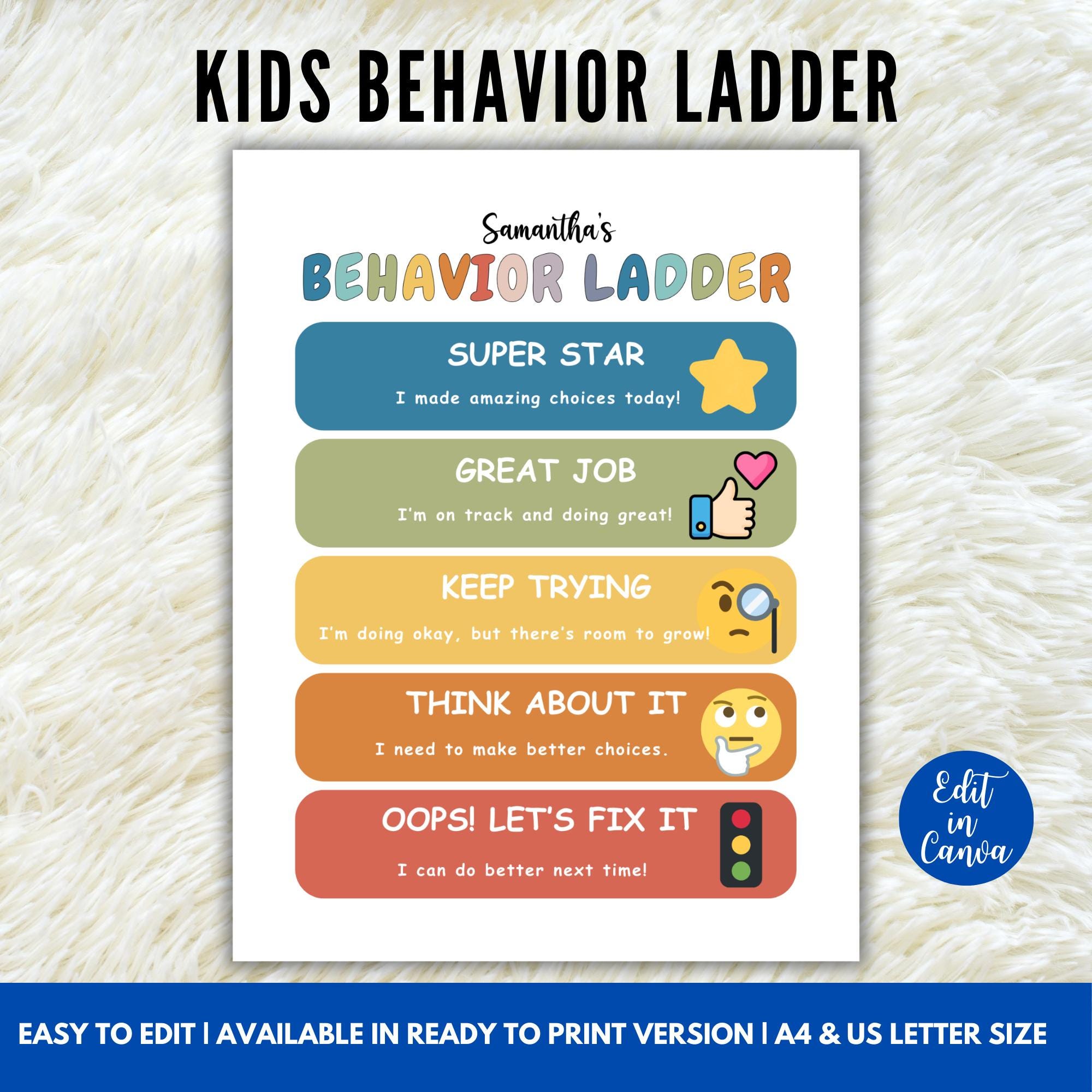 Editable Kids Behavior Ladder, Behavior Chart for Toddlers, Homeschool ...