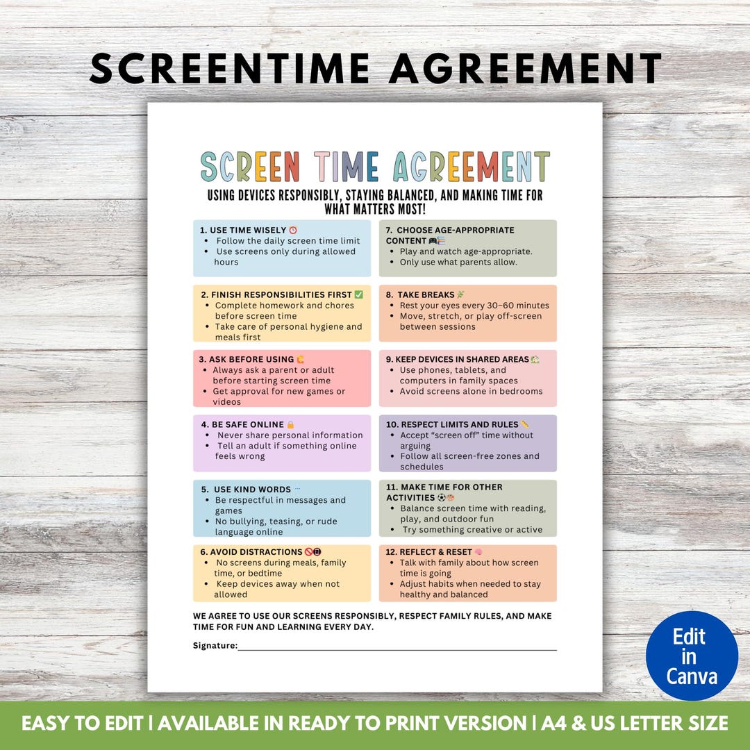 Editable Screentime Agreement for Kids, Screentime Tracker, Screen Time ...
