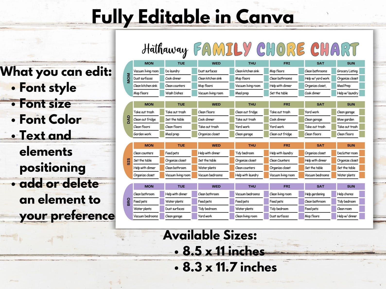 Editable Family Chore Chart, Printable Household Chore Chart, Kids ...