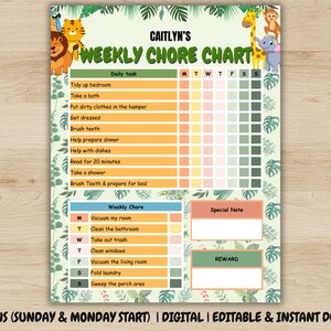Weekly Chore Chart Kids, Editable Kids Responsibility Chart, Kids ...