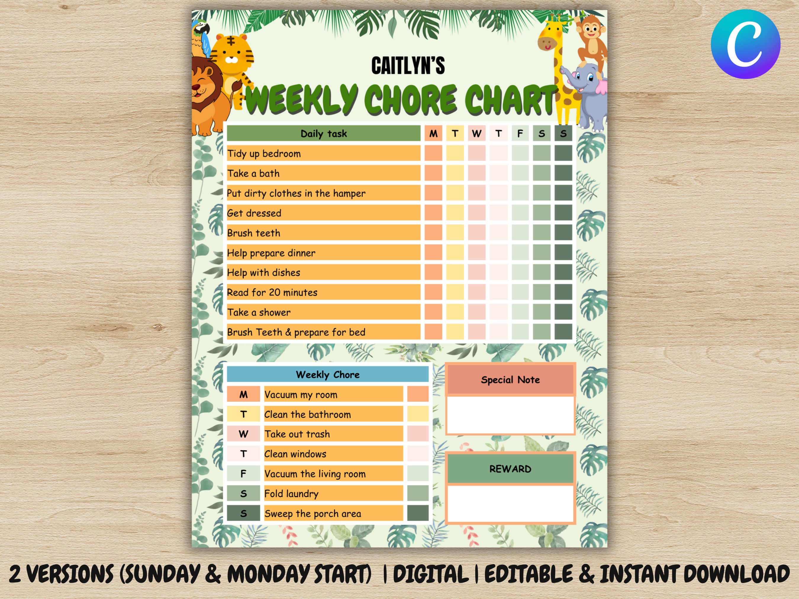 Weekly Chore Chart Kids, Editable Kids Responsibility Chart, Kids ...