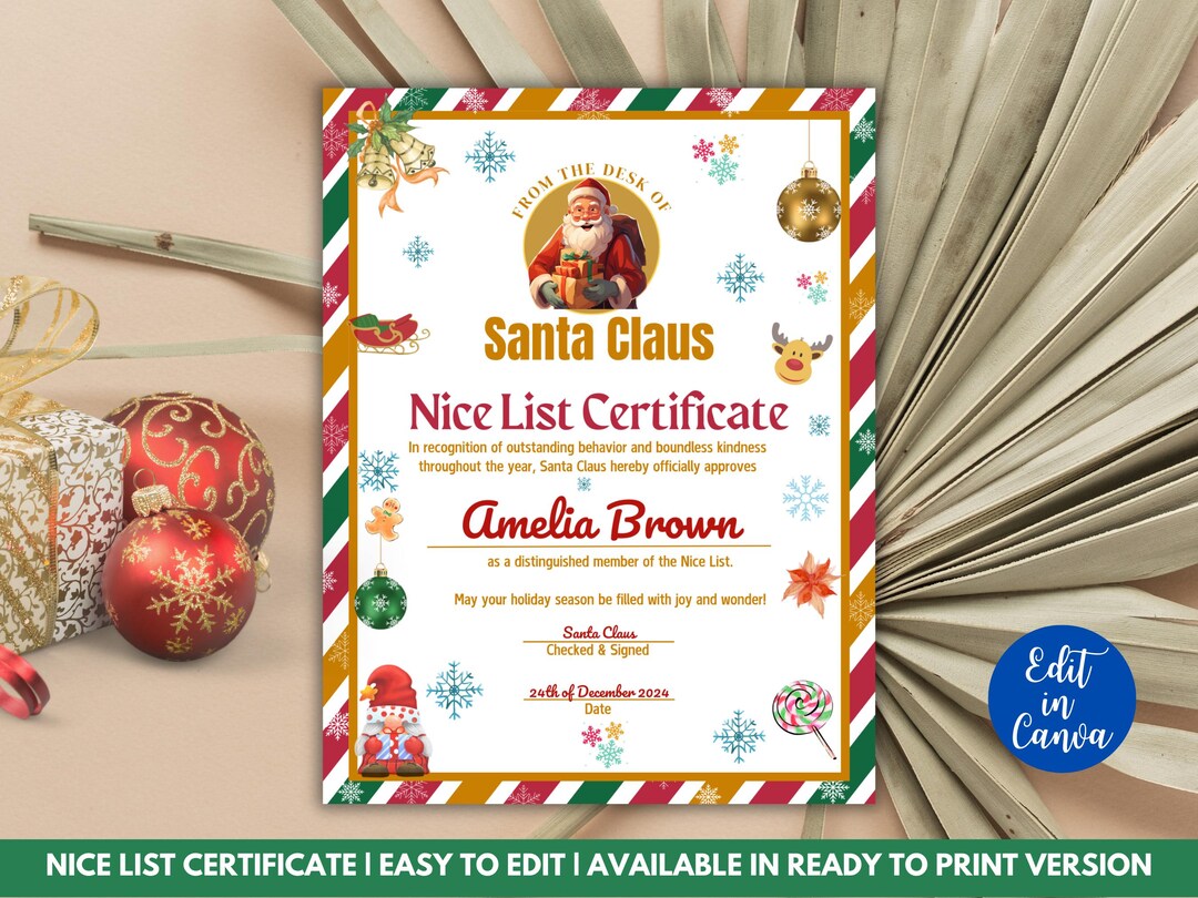 Editable Santas Nice List Certificate, Nice List Certificate for Kids ...
