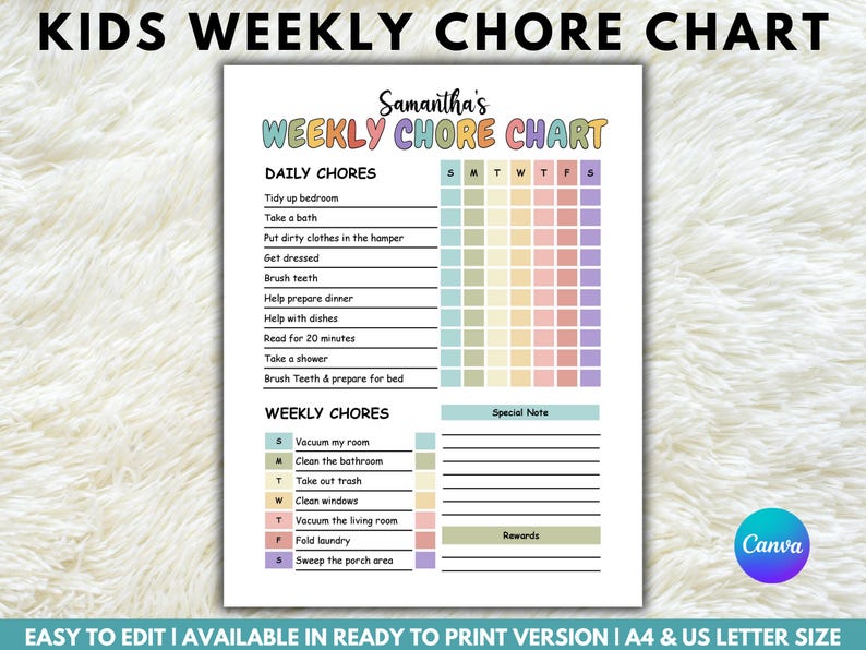 Editable Responsibility Chart for Kids, Kids Weekly Chore Chart, Kids ...
