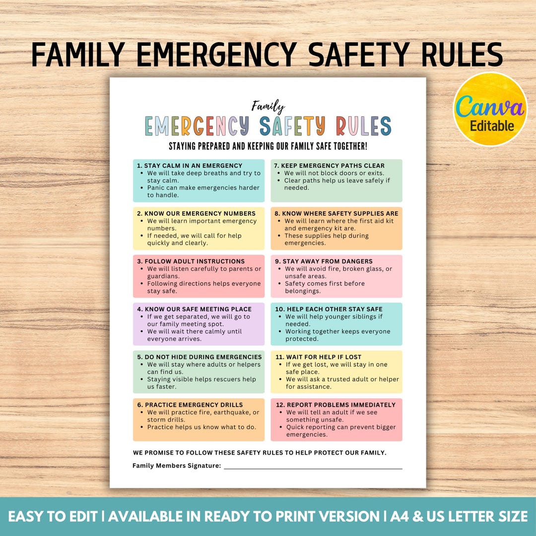 Editable Emergency Safety Rules, Family Emergency Plan, Emergency ...