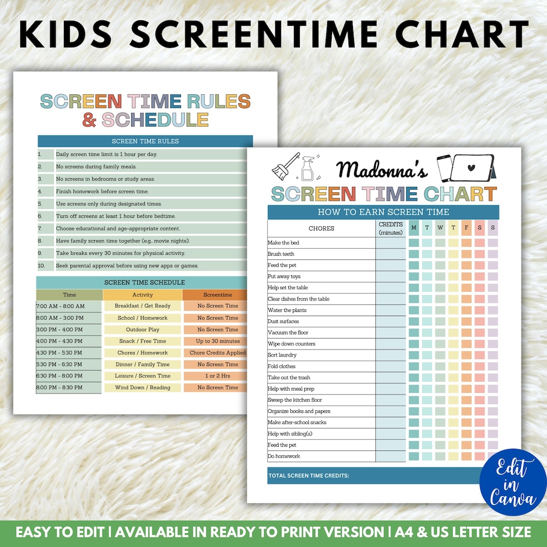 Kids Screen Time Chart, Gadget Chart for Kids, Screen Time Tracker ...