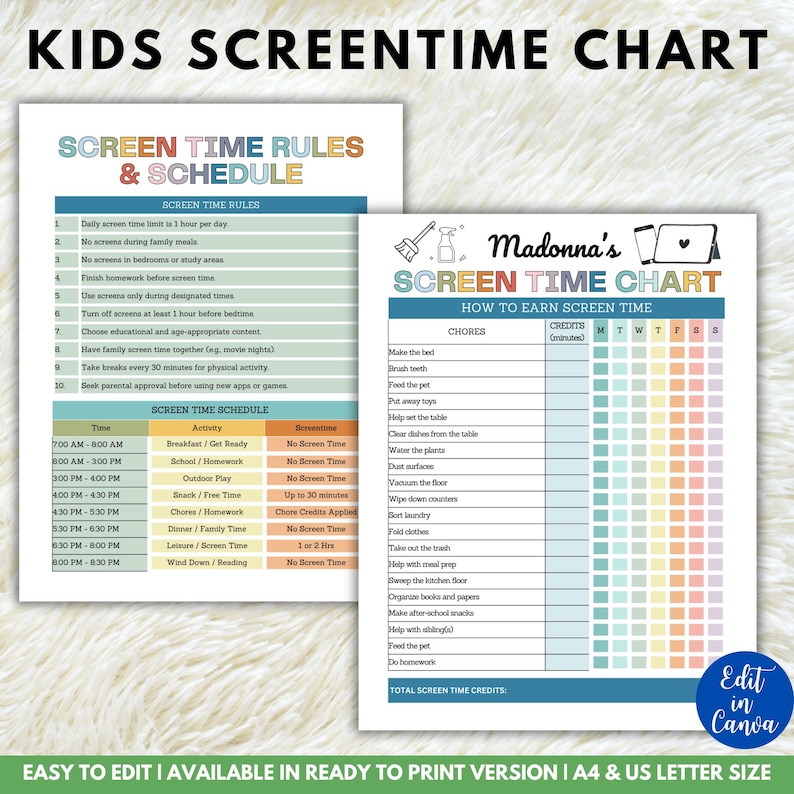Kids Screen Time Chart, Gadget Chart for Kids, Screen Time Tracker ...