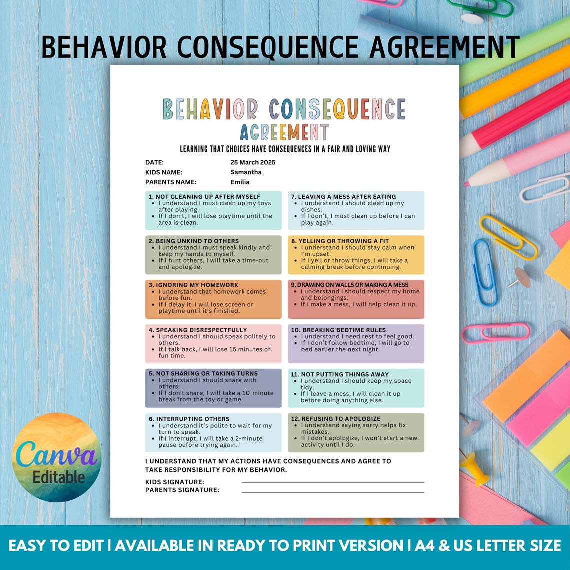 Behavior Consequence Agreement, Kids Behavior Contract, Consequence ...