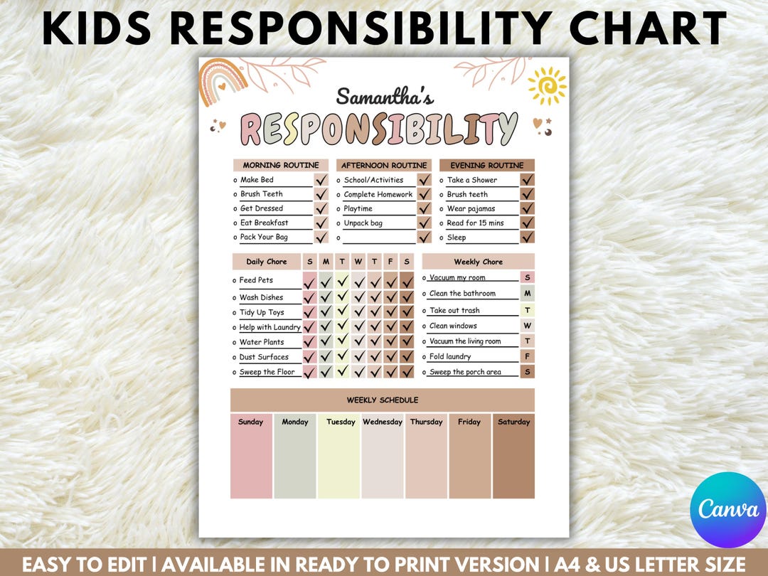 Kids Responsibility Chart, Weekly Chore Chart for Kids, Daily Routine ...