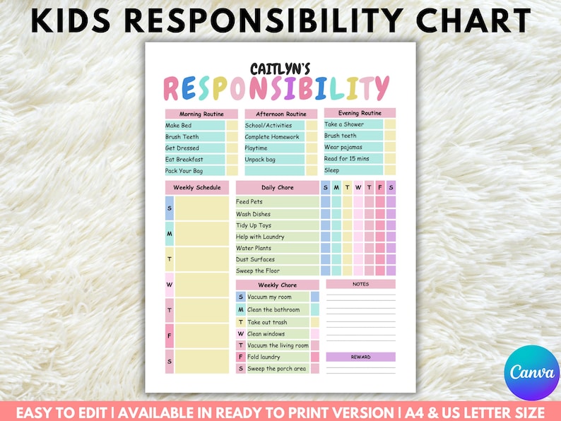 Editable Kids Responsibility Chart, Kids Weekly Chore Chart, Kids Chore ...