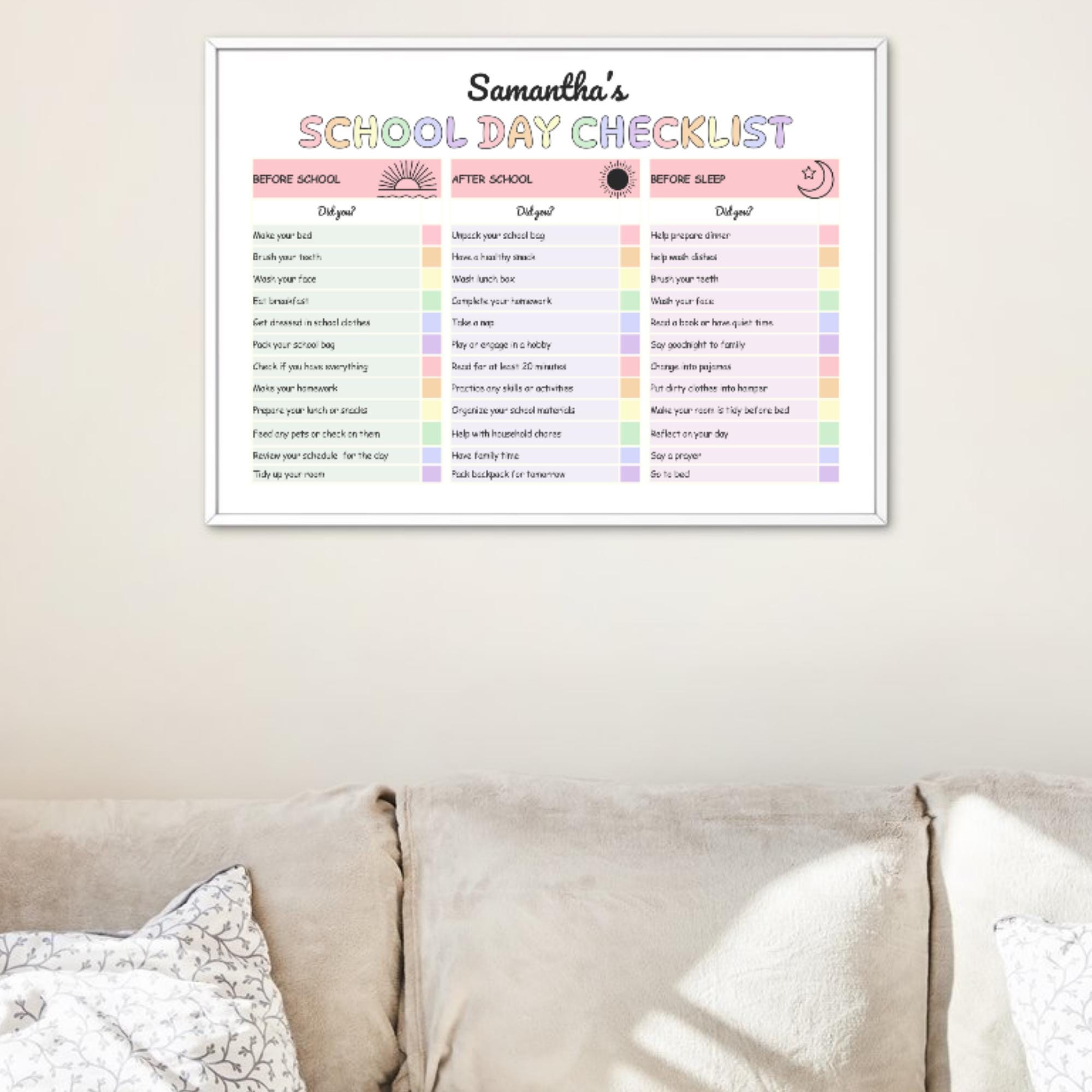 Kids School Day Checklist Chart, School Day Daily Routine Chart, School ...
