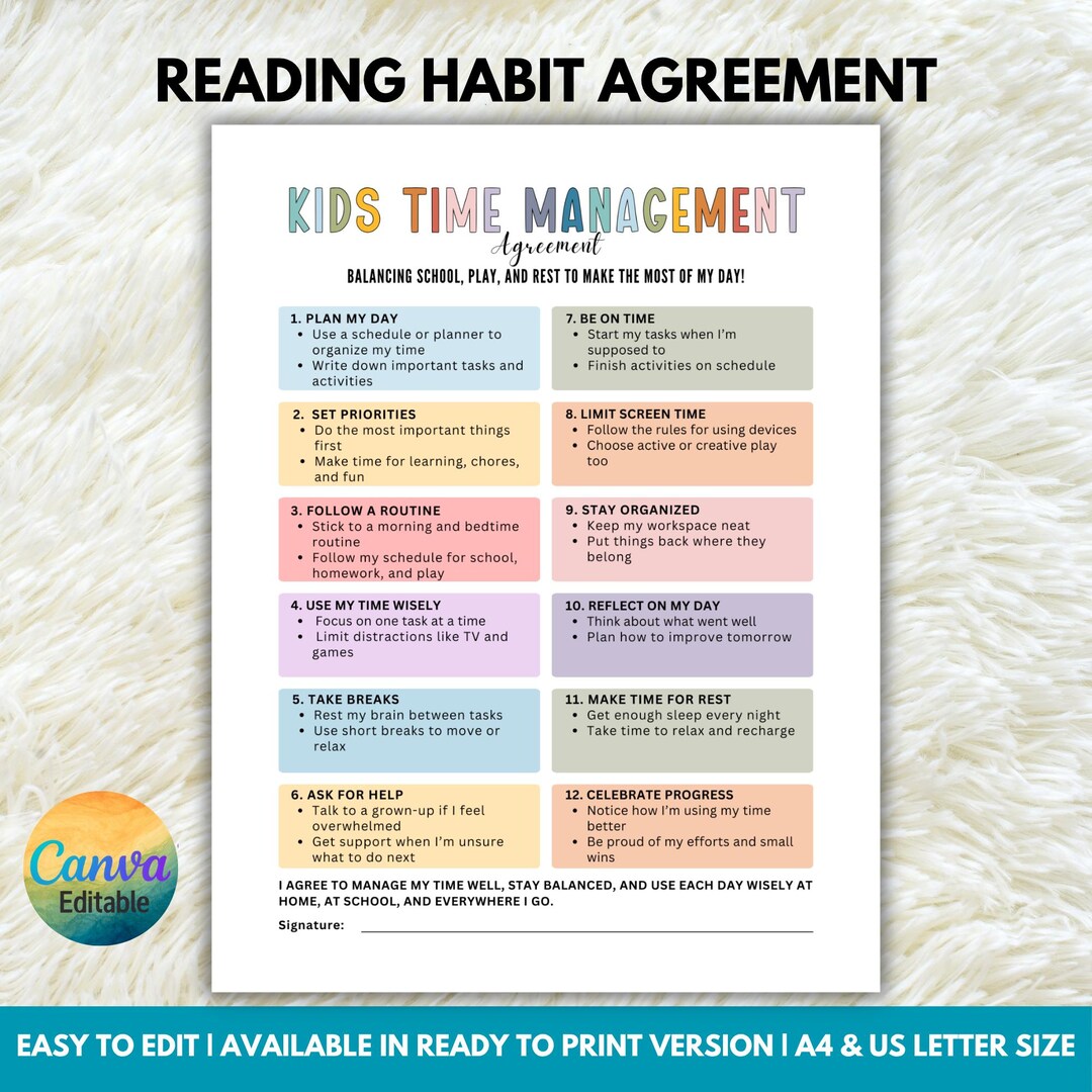 Editable Kids Time Management, Time Management Agreement for Kids ...