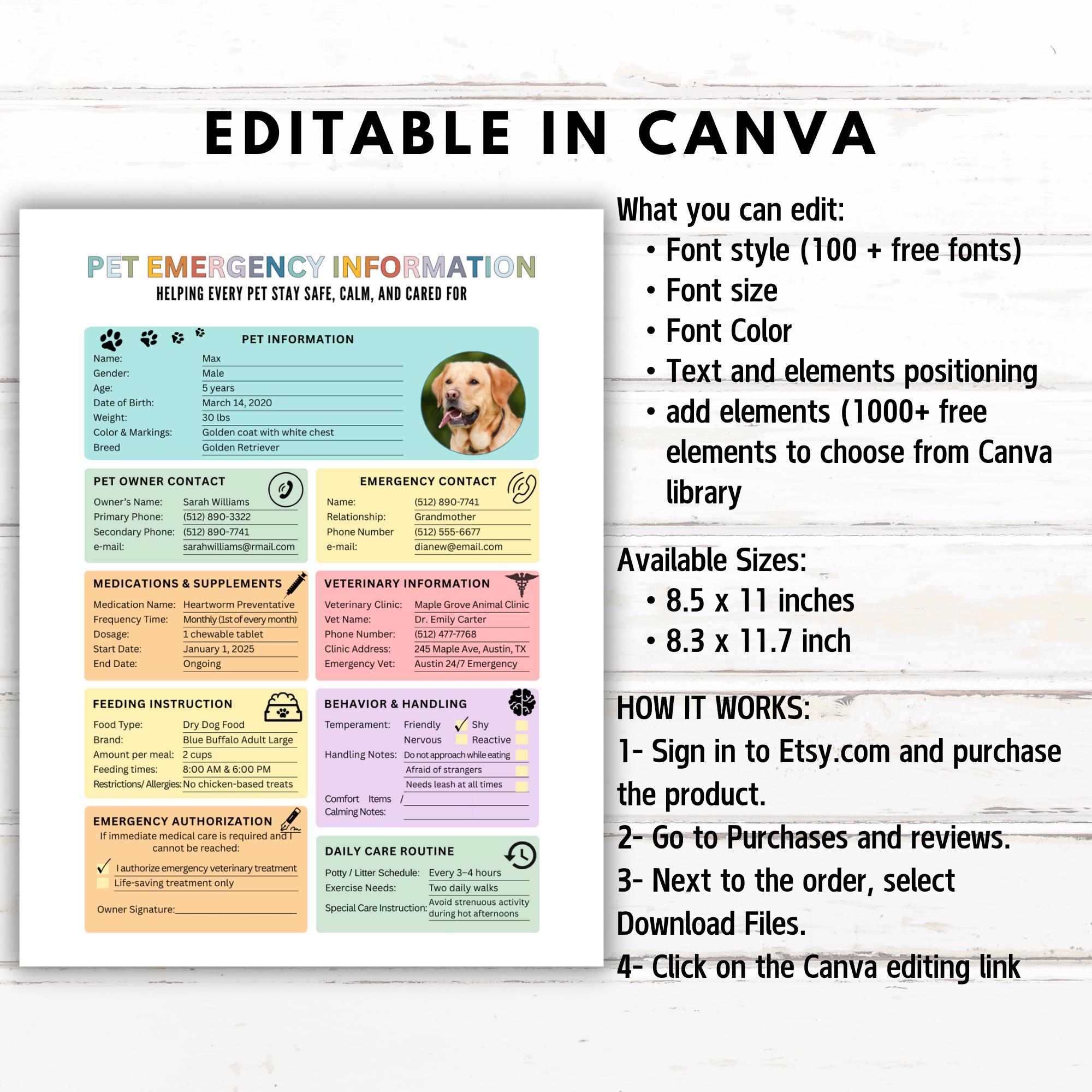 Pet Emergency Information Sheet, Pet Sitter Daycare Instructions, Pet ...