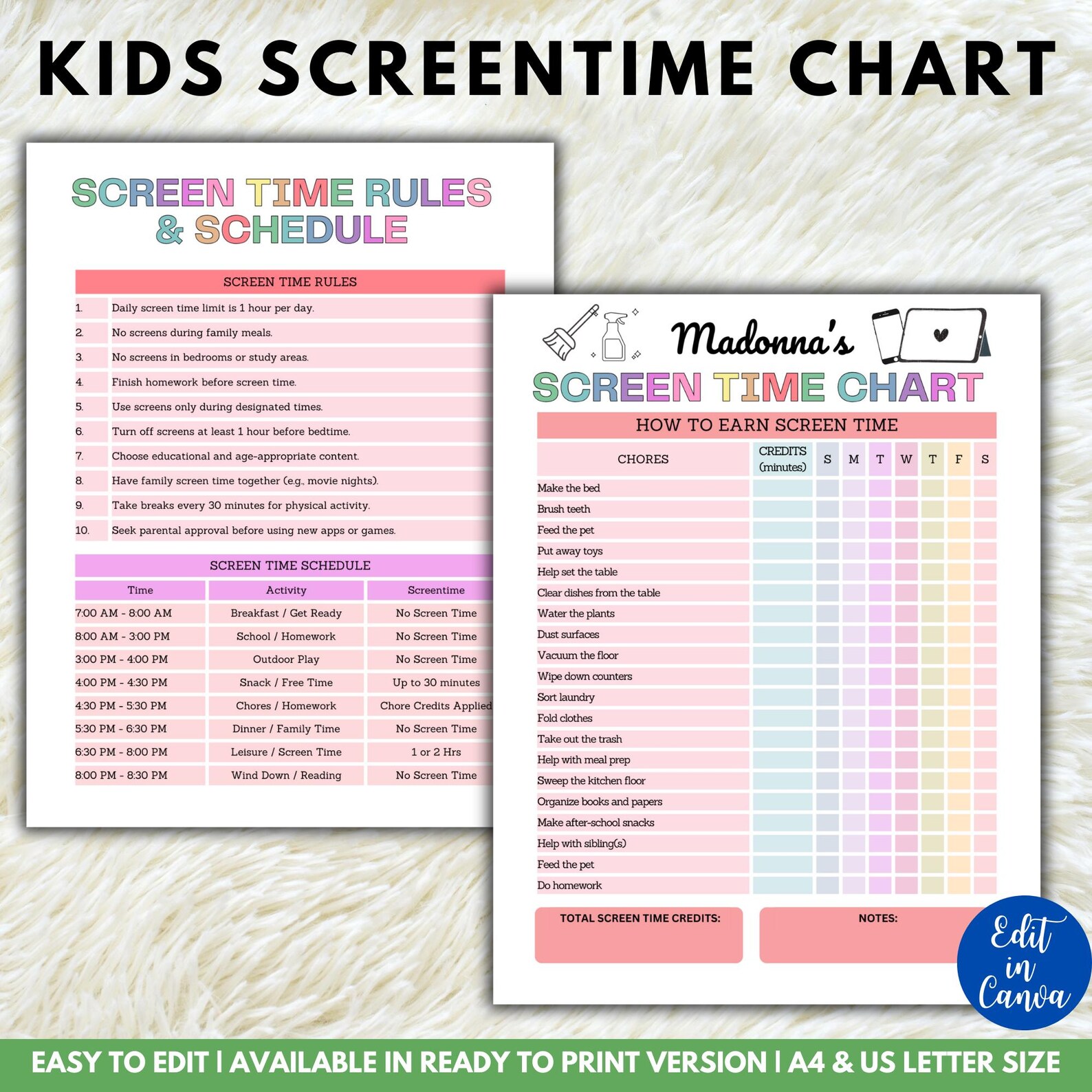 Kids Screen Time Chart, Screen Time Tracker for Kids, Kids Screen Time ...