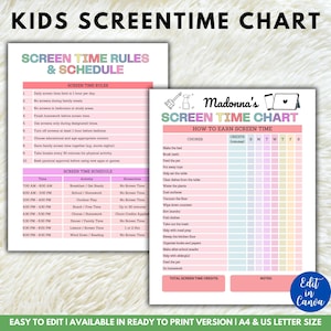 Editable Kids Screen Time Schedule Chart, Kids Chore Checklist, Kids ...