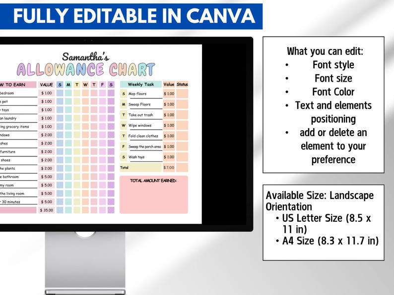 Kids Allowance Chart, How to Earn Money Chart, Kids Reward Chart, Chore ...