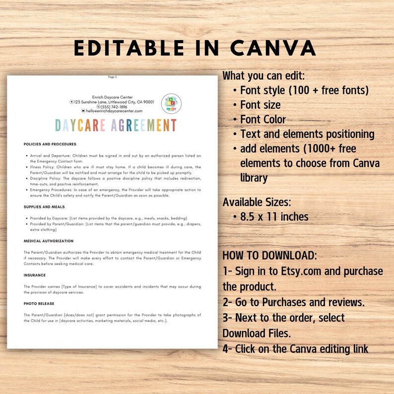 Editable Home Daycare Contract, Daycare Agreement, Childcare Business ...