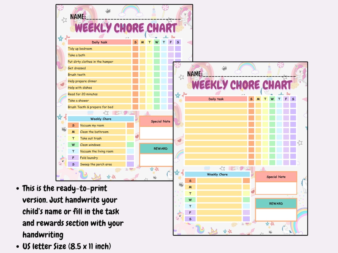 Unicorn Kids Task Chart Kids Chore Chart Printable Editable Chore Chart ...