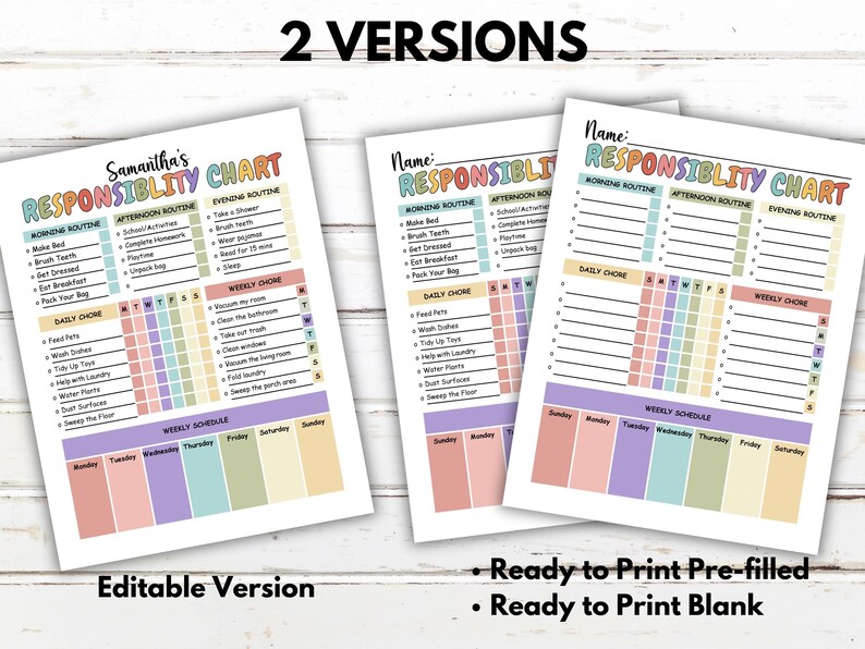 Editable Responsibility Chart for Kids, Daily Checklist, Chore Chart ...
