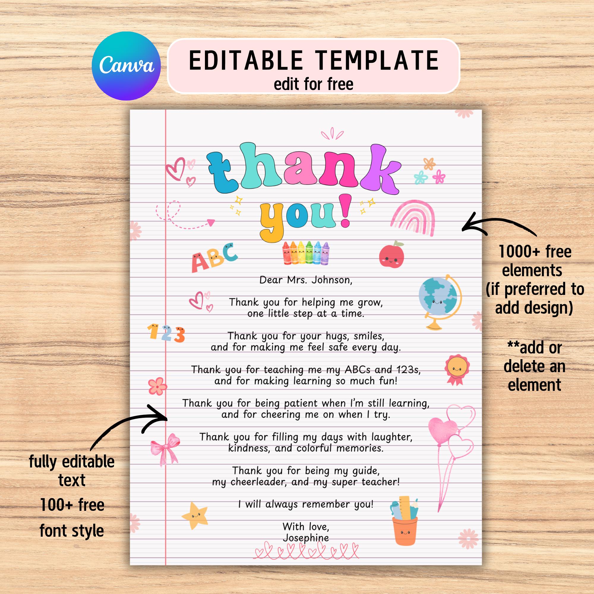 Editable Teacher Appreciation Letter, Kids Teacher Appreciation Card ...