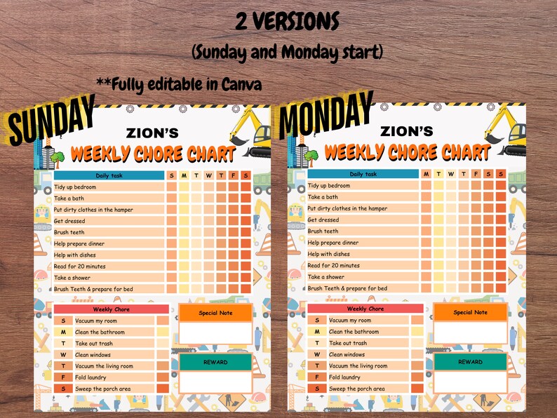 Kids Task Chart Printable Kids Chore Chart Editable Chore Chart for ...