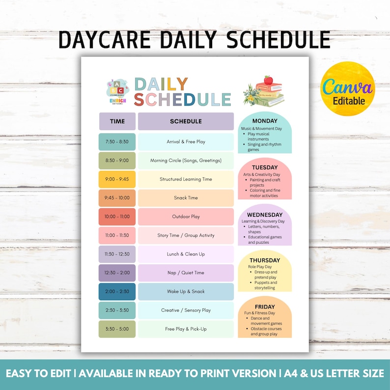 Editable Daily Daycareschedule, Childcare Planner, Preschool, In-home ...