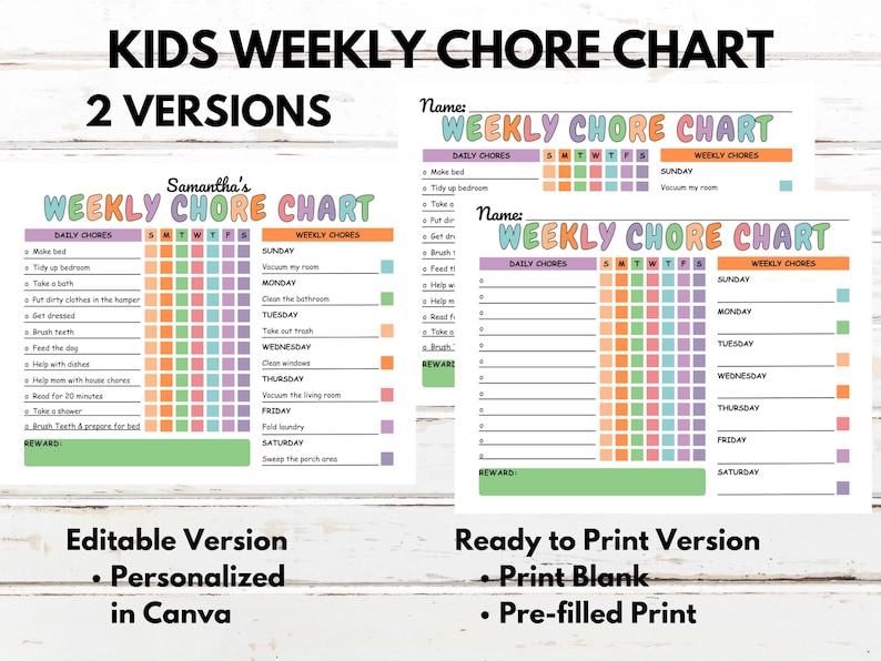 Kids Weekly Chore Chart, Kids Task Tracker, Kids Daily Planner, Kids ...