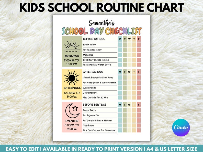 Daily Checklist for Kids, School Day Routine, Kids Before Schoolday ...