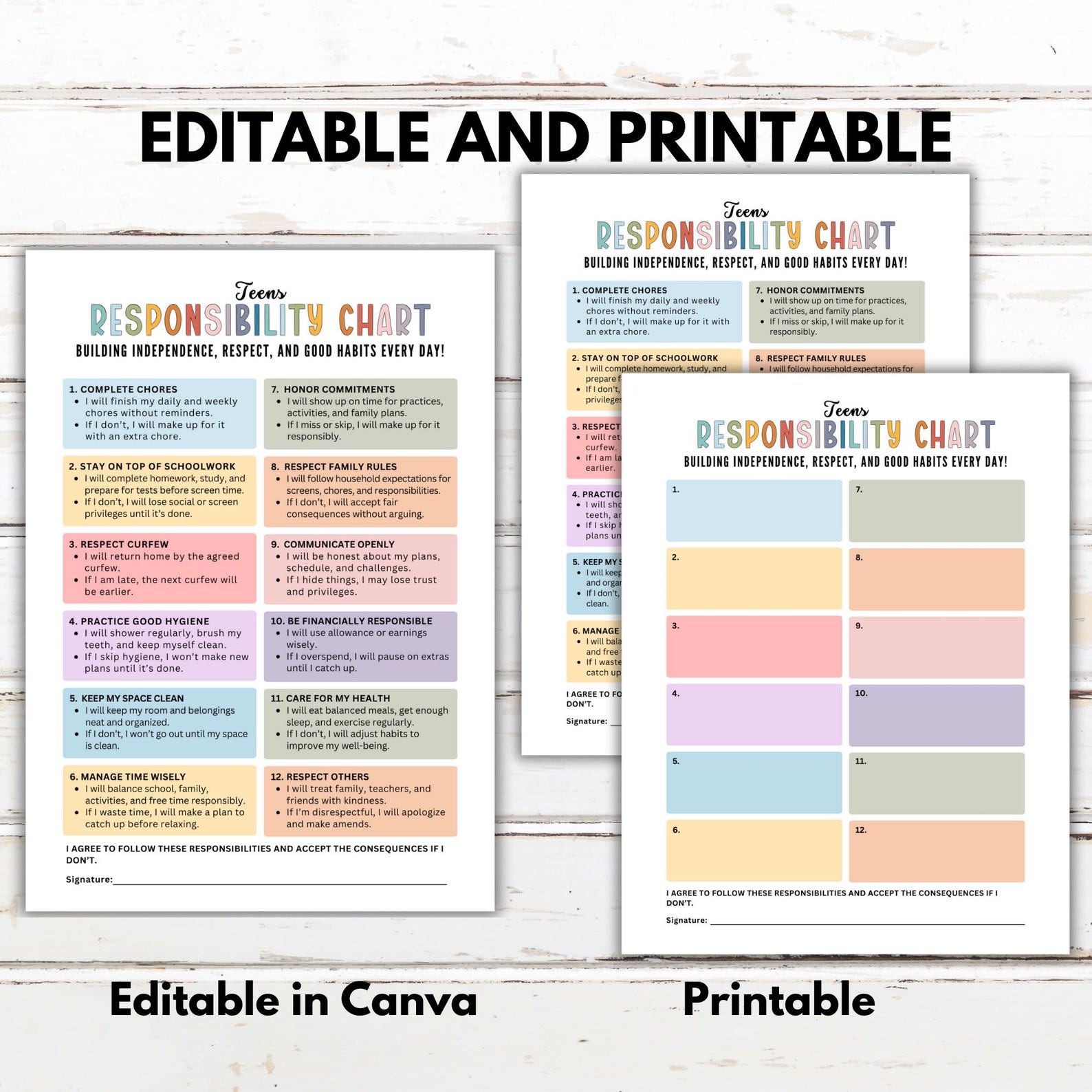Editable Teens Responsibility Chart, Responsibility Checklist ...