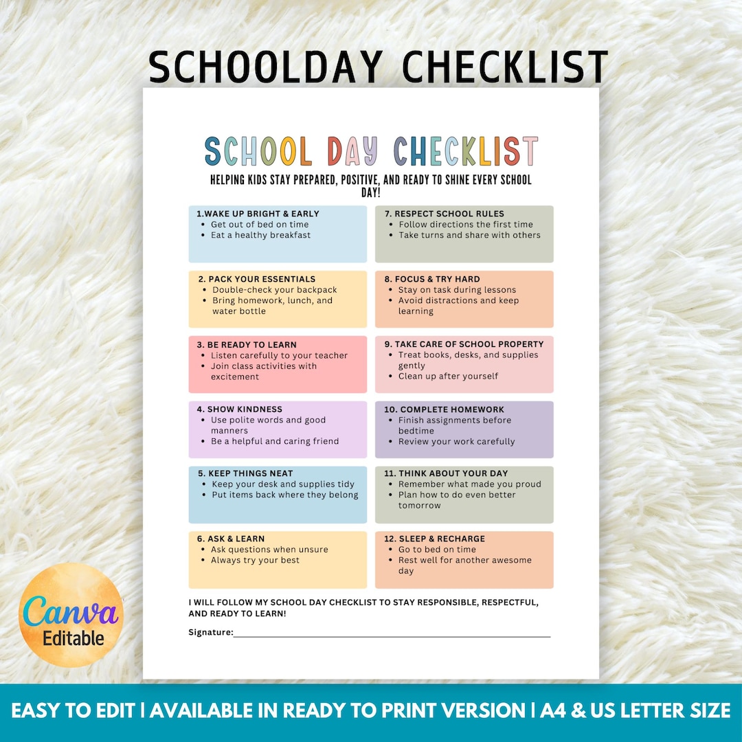 Editable Kids School Day Daily Checklist, School Day Chart, School Day ...