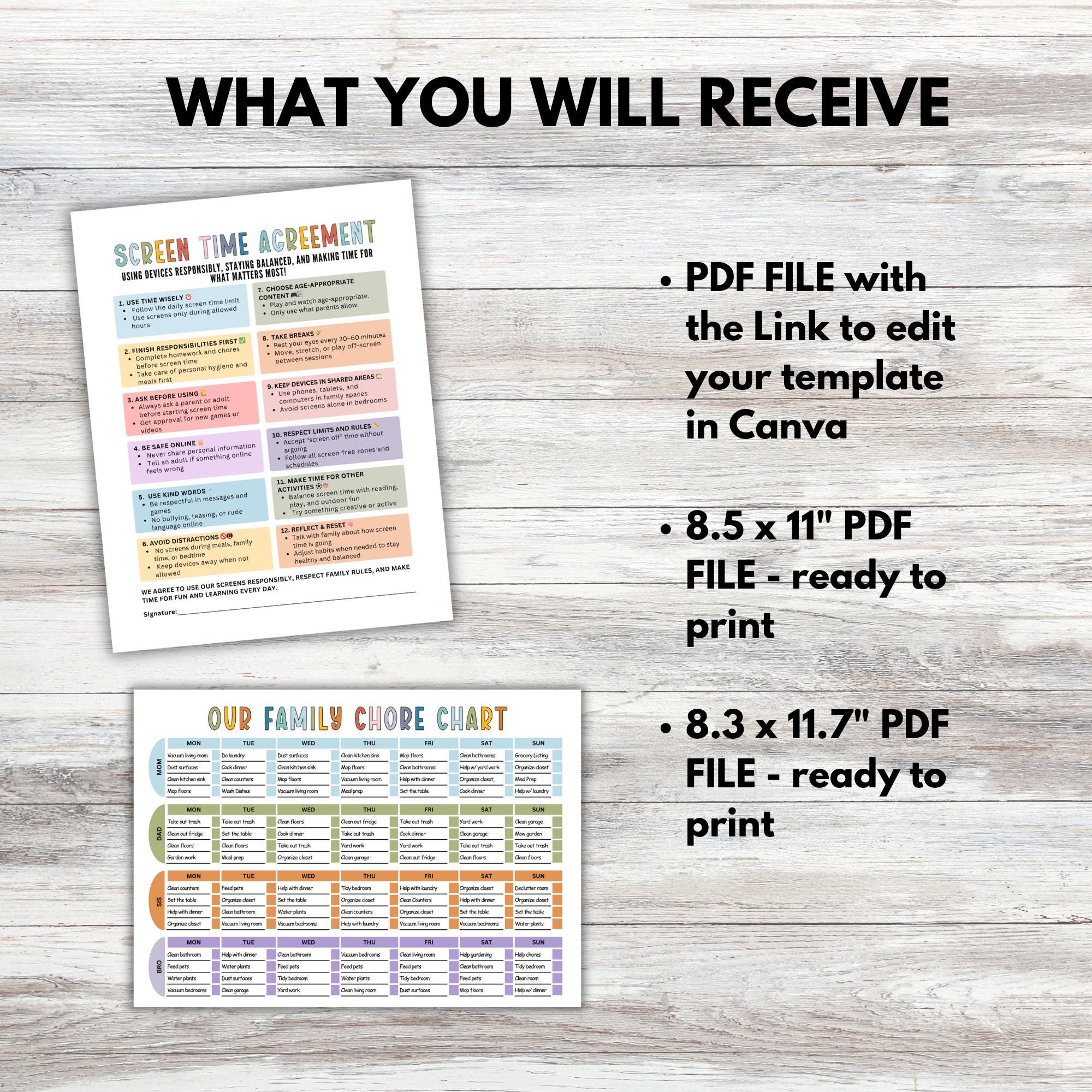 Editable Family Chore Chart Bundle, Family Chore Agreement, Family ...