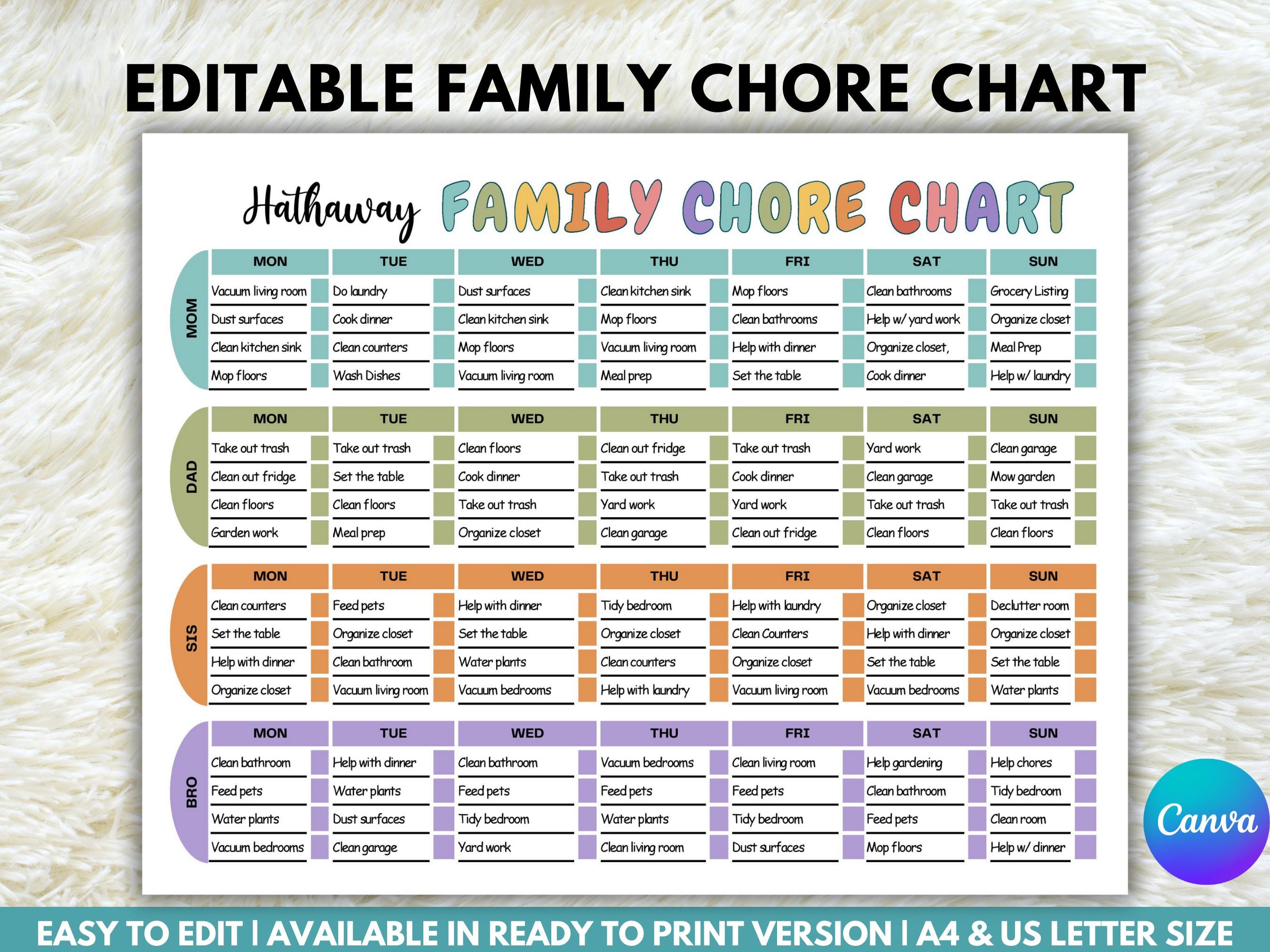 Editable Family Chore Chart, Printable Household Chore Chart, Kids ...