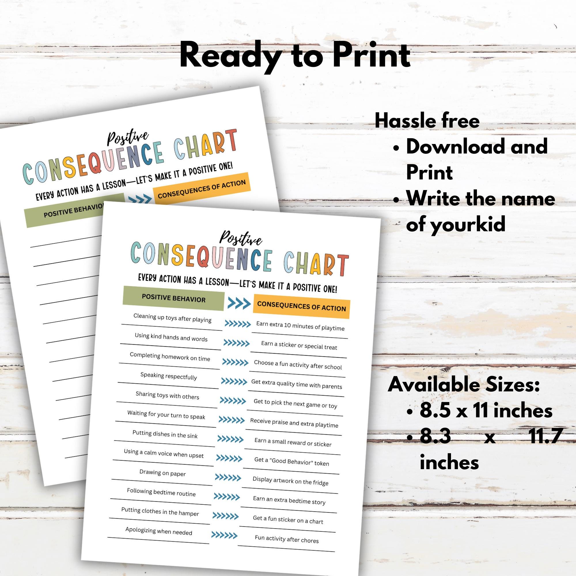 Kidks Positive Behavior Consequence Chart, Action Consequence Chart for ...