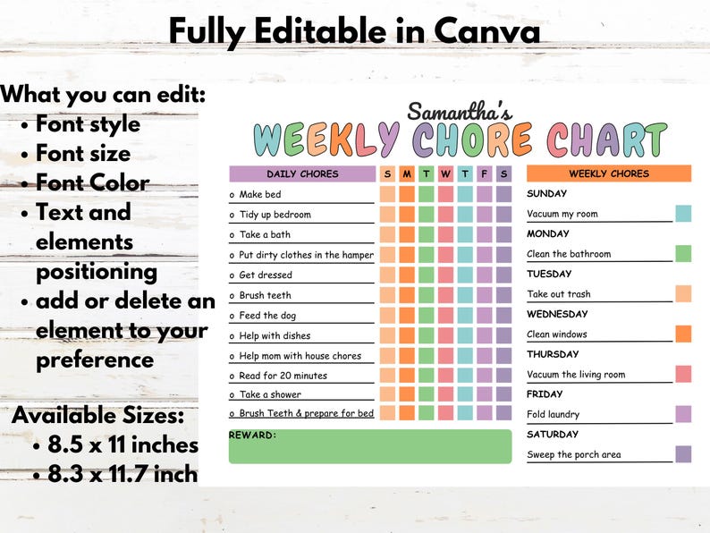 Kids Weekly Chore Chart, Kids Task Tracker, Kids Daily Planner, Kids ...