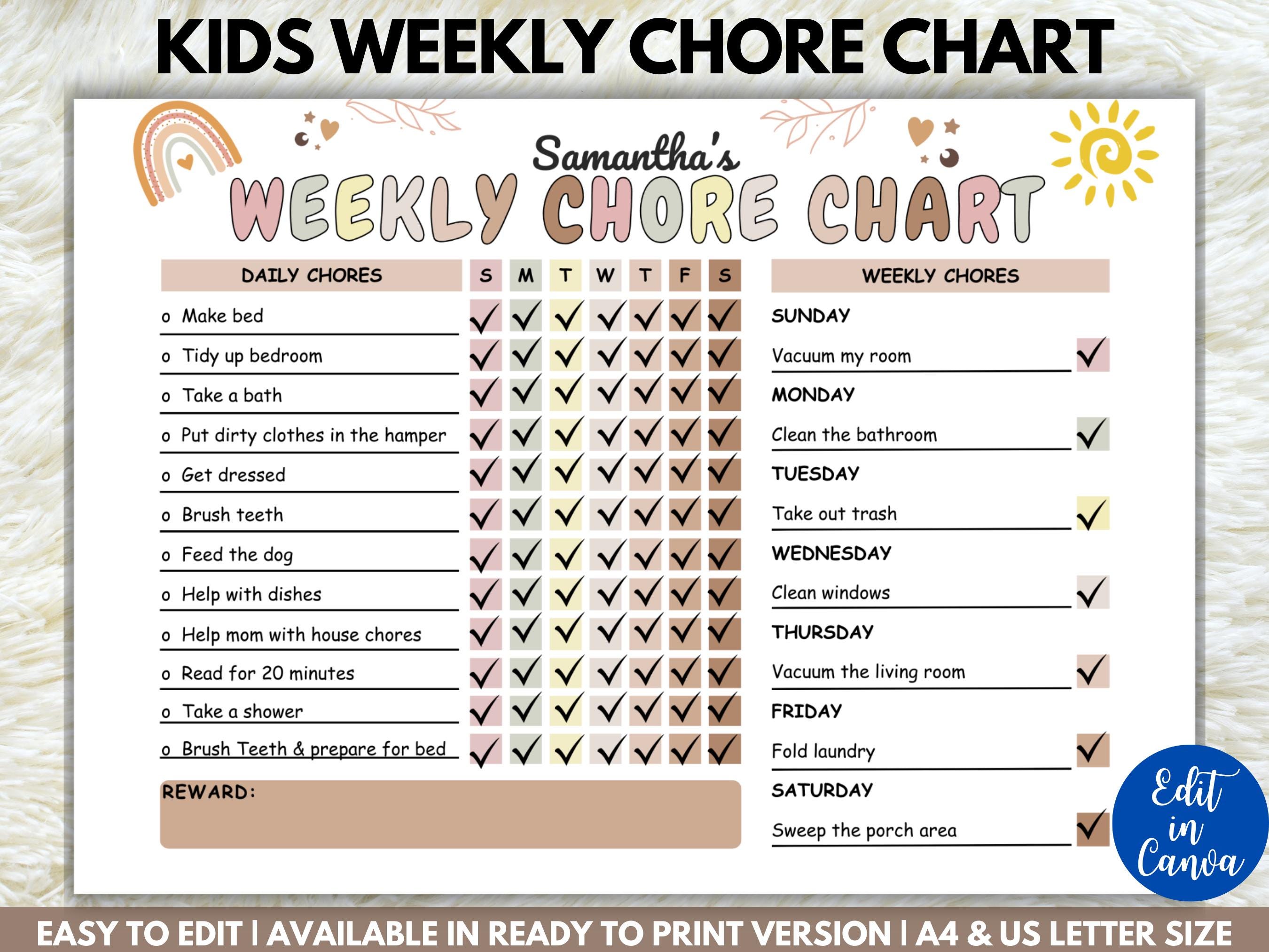 Editable Kids Weekly Chore Chart, Chore Checklist, Chore Tracker, Kids ...