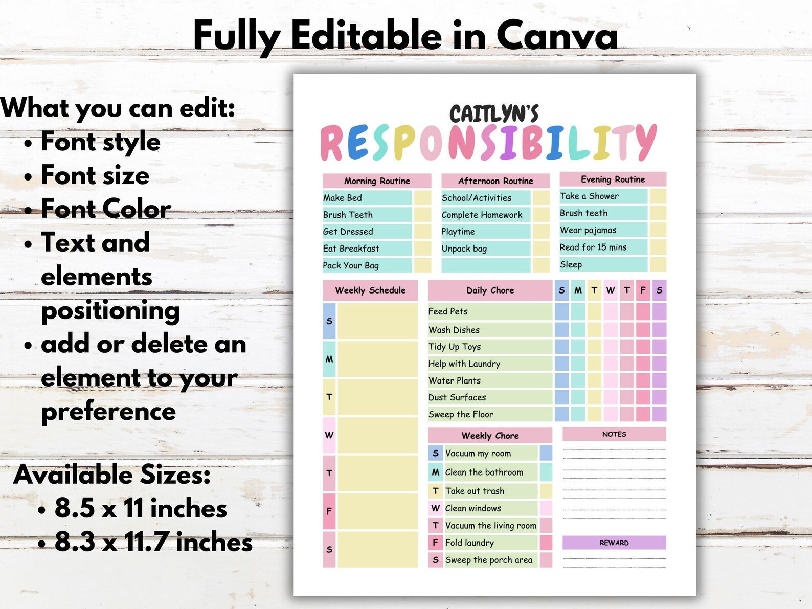 Editable Kids Responsibility Chart Kids Daily Weekly Chore Chart, Kids ...