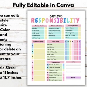 Editable Kids Responsibility Chart, Weekly Chore Chart for Kids, Chore ...