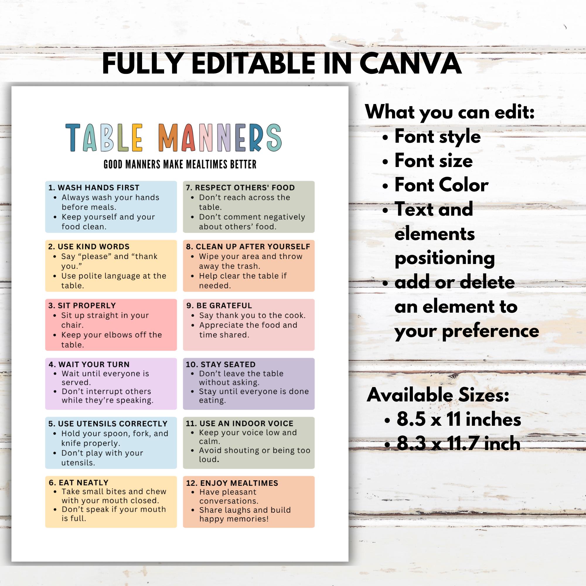 Editable Table Manners Chart, Family Table Manners, Table Behavior ...