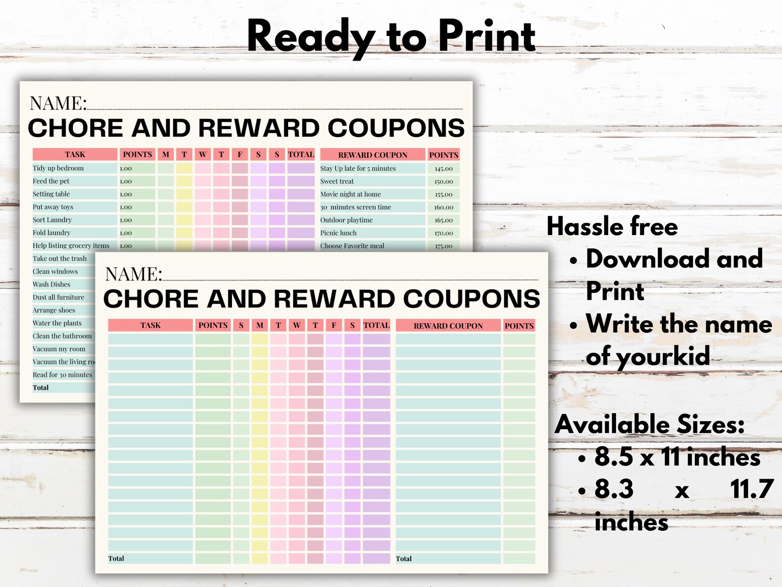 Editable Kids Chore Reward Chart | Kids Reward Coupon, Kids Chore ...