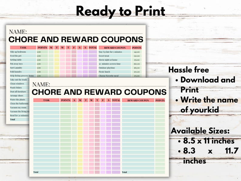 Editable Kids Chore Reward Chart | Kids Reward Coupon, Kids Chore ...